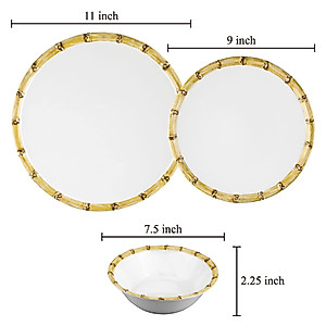 UPware 12-Piece Melamine Dinnerware Set, Includes Dinner Plates, Salad Plates, Bowls, Service for 4. (Bamboo)