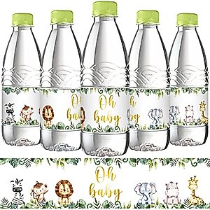 48 Pieces Water Bottle Labels Jungle Animals Themed Party Shower Water Bottle Stickers Wrappers Waterproof Baby Shower Labels for Baby Shower Party Decoration