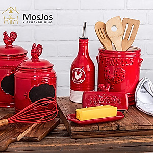 MosJos Kitchen Utensil Holder for Countertop - Large 7” Rustic Ceramic Utensil Crock - Dishwasher-Friendly Rooster Cooking Utensil Organizer Caddy for Farmhouse Kitchen Decor .red