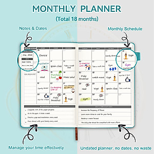 Soomeet Planner, Undated Weekly Planner, Goal Planner, Calendar Stickers, Faux Leather Cover, Time Management Manual and Planner, A5 Hardcover with Ruler, 200 Pages, Lake Blue