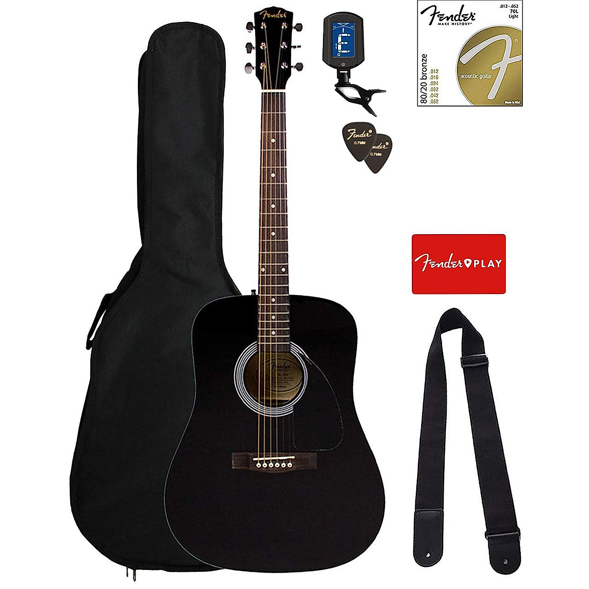 Fender Dreadnought Acoustic Guitar - Sunburst Bundle with Gig Bag, Tuner, Strings, Strap, and Picks