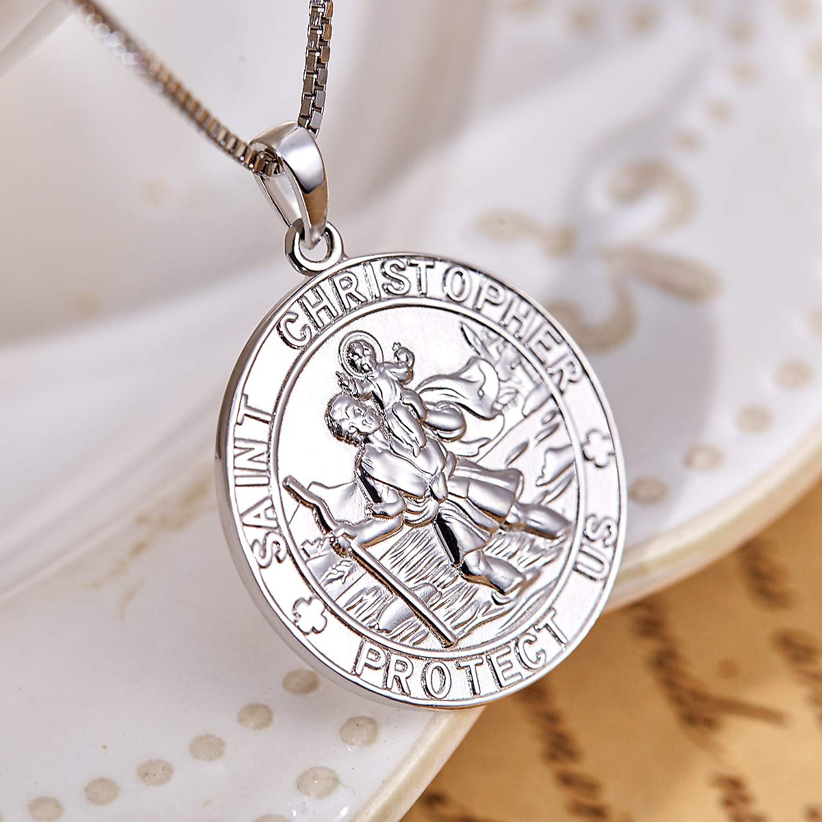 YL St Christopher Pendant Saint Medal Necklace 925 Sterling Silver Religious Engraved Medallion, 18"