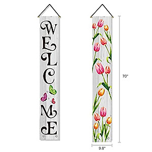 AVOIN Spring Welcome Tulip Wood Porch Sign, Butterfly Holiday Wedding Anniversary Mother's Day Hanging Banner Flag for Yard Indoor Outdoor Wedding Party 12 x 72 Inch