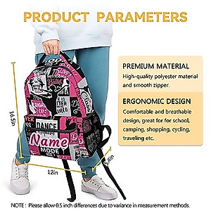 NEWGRY Personalized Name Dance Girls Backpack for School, 16 Inches Custom Black Backpacks for Teens, Modern Lightweight Bookbag for Middle School
