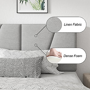 CXVX Queen Size Platform Bed Frame with Geometric Upholstered Headboard, Noise Free, Wooden Slats Support, No Box Spring Needed, Easy Assembly, Light Grey, Linen