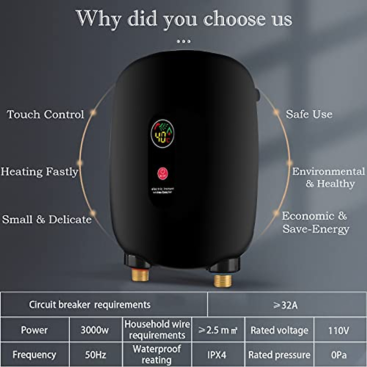 3000W Mini Water Heater 110V Electric Tankless Instant Hot Water Heater Thermostatic Washing Heating System for Home Kitchen Bathroom (Black)