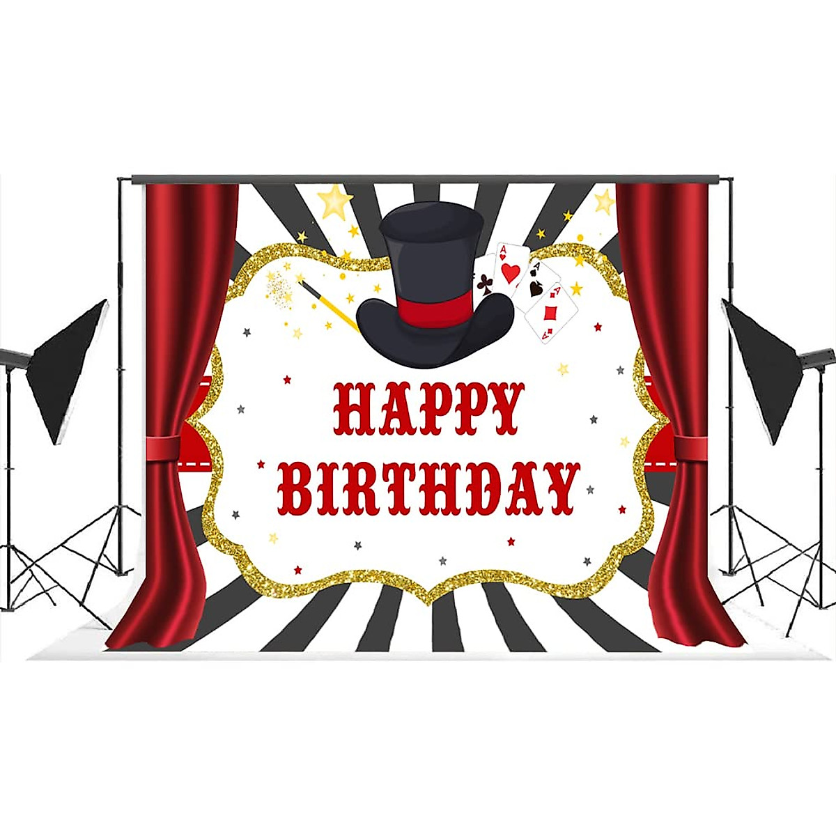 Lofaris 7x5ft Magic Show Happy Birthday Backdrop for Boy Girl Porker Magician Red Curtains Baby Shower Party Decor Supplies Background Magic Trick Black Hat Gold Stars Kids Adults Photo Studio Props
