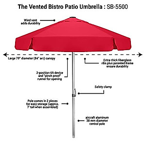 Strombergbrand The Vented Bistro, Large Outdoor Patio Umbrella with Tilt Adjustments, Café Style Market Umbrella, Patented Construction, Commercial Quality Heavy Duty Table Top Umbrella, Red