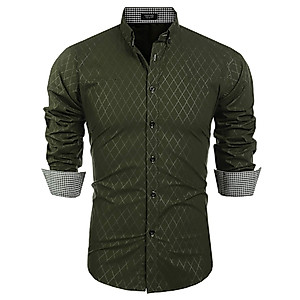 COOFANDY Mens Shirt Slim Fit Dress Business Plaid Button Down Collar, Army Green, Medium, Long Sleeve