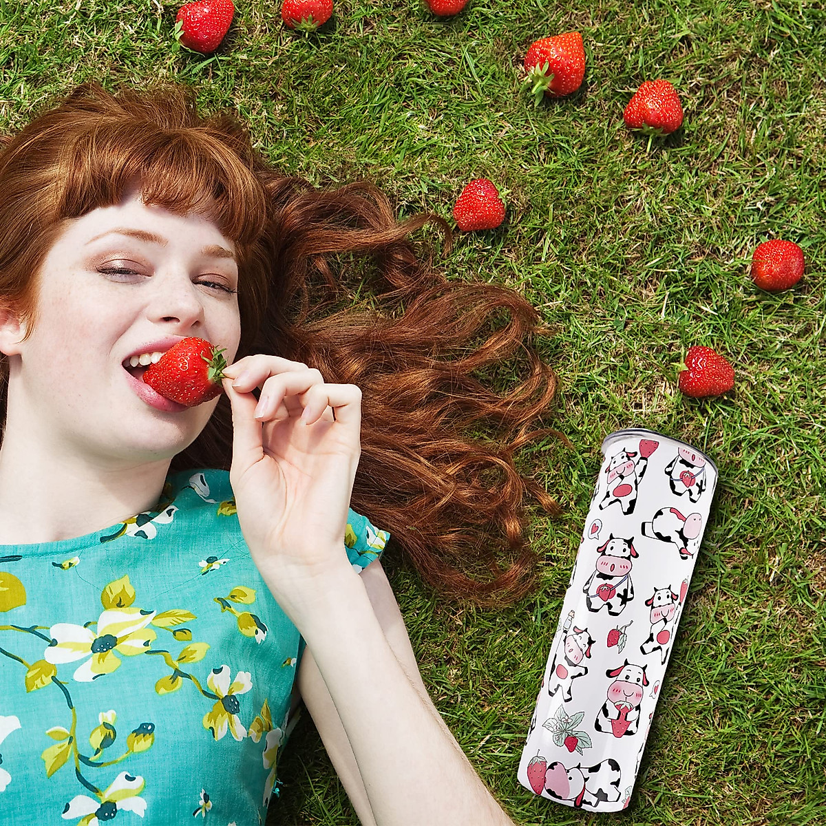 Strawberry Cow Print Tumbler-20 oz Skinny Tumbler with Lid and Straw-Cow Gifts for Women, Birthday Gifts for Women-Strawberry Decor, Strawberry Accessories-Insulated Cow Tumbler,Cute Cups,Cute Tumbler