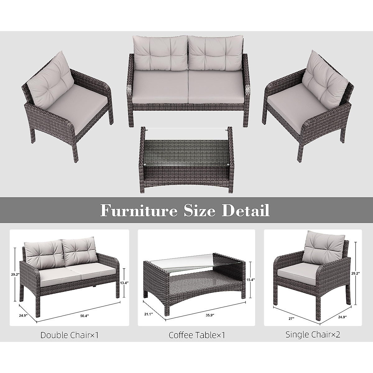 LHBcraft 4-Piece Patio Furniture Set Outdoor Rattan Wicker Sofa Set with Cushions & Coffee Table, Conversation Sofa Set with Tempered Glass Table Top and Storage Shelf (Grey-Grey) (OT008)