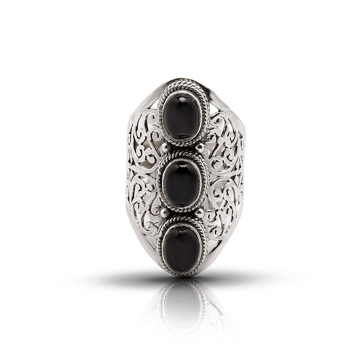 Black Onyx Lace Ring 925 Sterling Silver Vintage Tribal Gypsy Boho Look US Size 7 8 9 (9)