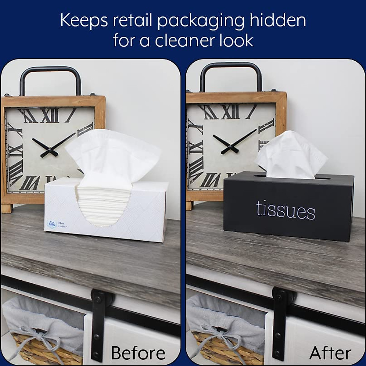 AuldHome Design Rectangular Tissue Box Cover (Black), Modern Farmhouse Style Enamelware Oblong Tissue Cover Holder