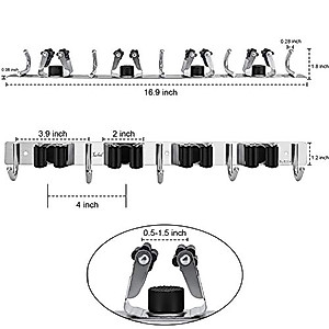 Favbal Broom Mop Holder Wall Mount Stainless Steel Wall Mounted Storage Organizer Heavy Duty Tools Hanger with 4 Racks 5 Hooks for Kitchen Bathroom Closet Garage Office Garden