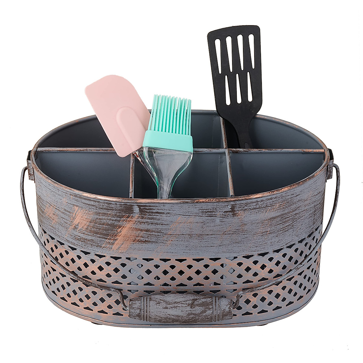 Utensil Caddy Carry – Metal All Serveware - Galvanized Metal Organizer for Kitchen Counter - Comfortable Wooden Handle /Indoor/Outdoor Storage For Flatware, Condiments, Party Cutlery, Arts - Rustic Grey Cooper