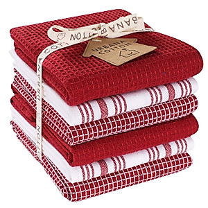 Urbana Cotton Set of 6 Assorted Waffle Kitchen Towels 100% Cotton Super Soft Absorbent Reusable Cleaning Cloths Machine Washable Weave Tea Towel with Hanging Loop (Red & White, 16 X 26 Inches)