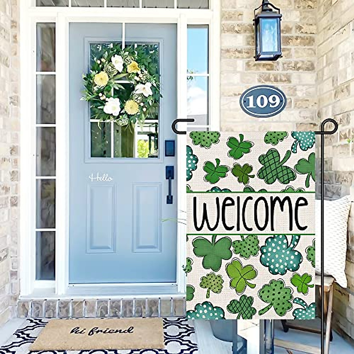Welcome Spring St Patricks Day Garden Flags 12x18 Double Sided Burlap, Green Shamrock Lucky Sign Farmhouse Small Yard Outdoor Decorations DF197