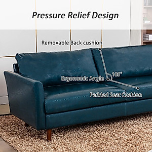 Dreamsir 80'' Faux Leather Sofa Couch, Mid-Century Modern Couch with Solid Wooden Frame & Padded Cushions, 3-Seater Couch for Living Room, Apartment, Lounge Room (Peacock Blue)