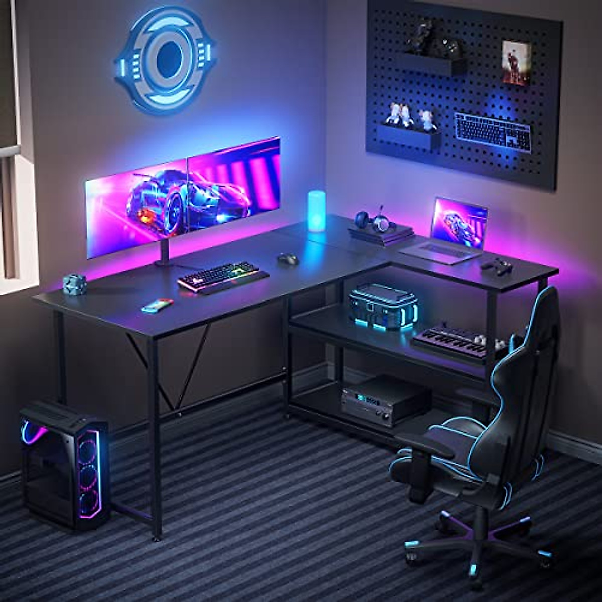 GreenForest Small L Shaped Desk 51x35.4 inch Reversible Corner Gaming Computer Desk and Wooden File Cabinet 2 Drawer Lateral Filing Cabinet with Lock