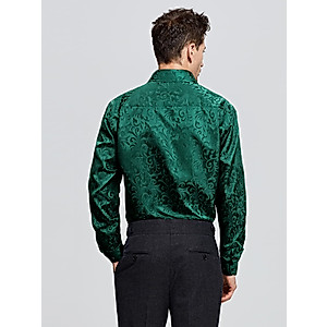 HISDERN Men's Satin Green Dress Shirts Shiny Emerald Luxury Button Down Shirt Casual Fashion Long Sleeve Floral Shirts Tuxedo Party Prom Night Club