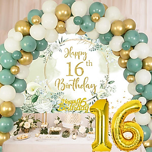 Sage Green Sweet 16 Birthday Decorations - Sage Green and Gold Balloon Garland Arch Kit with Happy 16th Birthday Backdrop, Cake Topper, Foil Balloon, Sweet 16 Birthday Decorations for Girls
