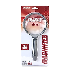 Carson LED Lighted Hand Held Magnifier, 2X Magnifier with 4X Spot Lens HM-44