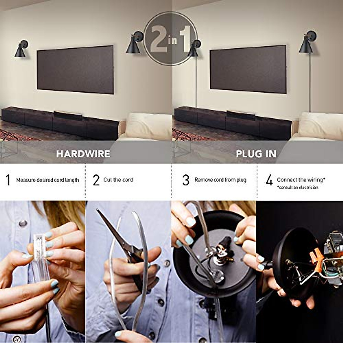 Globe Electric 51725 1-Light Dimmable Plug-in or Hardwire Wall Sconce, Matte Black, Faux Walnut Accent, Stepless Dimming Rotary Switch on Canopy, Black Fabric Cord, Wall Lights for Bedroom Plug in