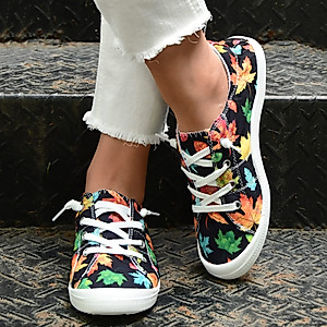 Casual Loafers Women Shoes Plaid Canvas, Halloween Themed Fashion Sneakers Maple Leaf Pattern, Lace Up Flatform Slip-On Autumn Comfortable Walking Low Top Padel Shoes