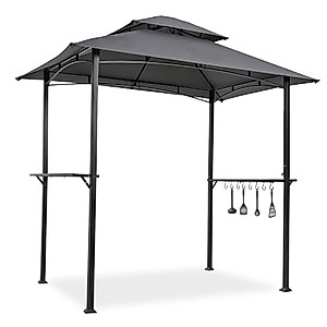 8x5 Ft Grill Gazebo, Double Tiered Outdoor BBQ Gazebo with 2 Side Shelves, Hooks, Bottle Opener, Barbecue Grill Shelter for Patio, Garden, Beach, Backyard and Picnic (Gray)