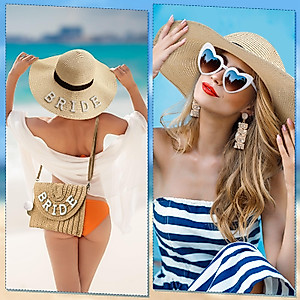 Bunnycool 4 Pcs Bridal Shower Gifts Set Bride Sun Hat Straw Shoulder Bag Heart Sunglasses Rhinestone Bride Earrings Bachelorette Gifts for Bride Wife Wedding Honeymoon Summer Beach Present