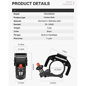 ROCKBROS Bike Bells Hidden MTB Bells Bicycle Bells for 22.2mm Handlebars, More Than 100dB, Clear & Long Sound Ringer, Mountain Bike, Scooter, Youth Bike, Black