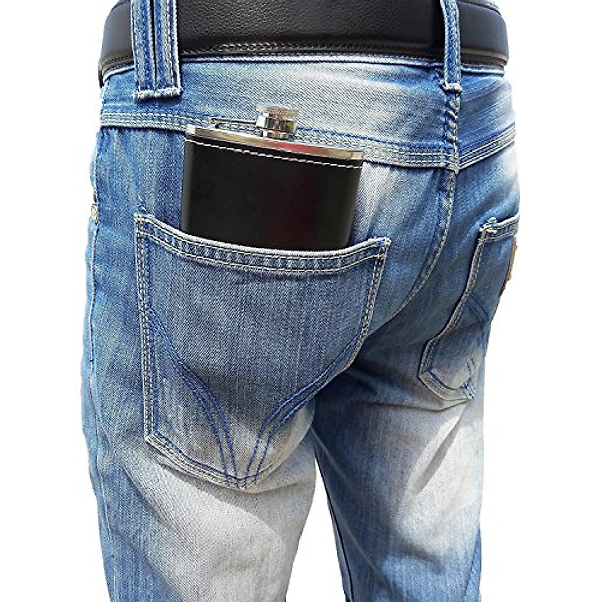 Flask for Liquor and Funnel - 8 Oz Leak Proof 18/8 Stainless Steel Pocket Hip Flask with Black Leather Cover for Discrete Shot Drinking of Alcohol, Whiskey, Rum and Vodka | Gift for Men