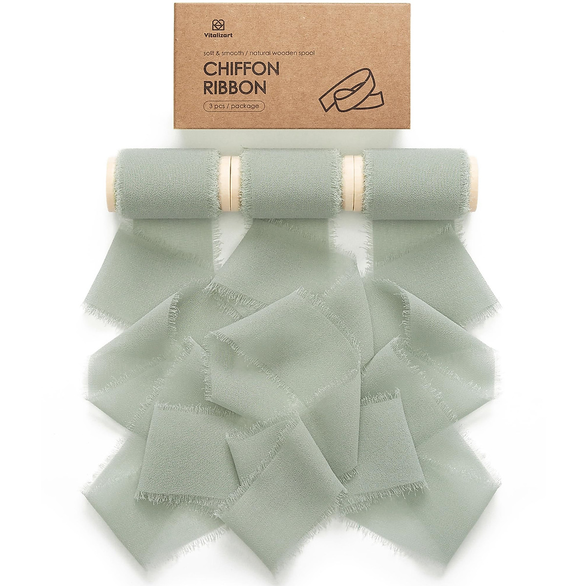 Vitalizart Dusty Green Chiffon Ribbon 2" x 15 Yd Sage Silk Like Handmade Frayed Edges Fringe for Wedding Invitations Bridal Shower Bouquets Gift Wrapping Holiday Decor