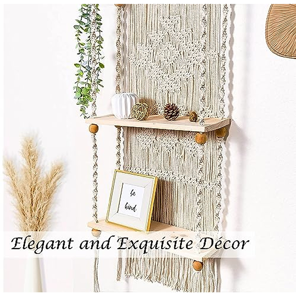 Induslyfe Macrame Wall Hanging Shelf Tier 3 Boho Hanging Wall Decor Boho Shelf Wall Decor Plant Rack Shelf, Boho Bookshelf Wall White Hanging Shelf Woven Rope for Boho Bathroom decor Bedroom Bookshelf