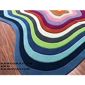 Restoration and Renovation Irregular Shaped Handmade Wool Rug | Modern Colourful Stripe Premium Area Rug Perfect for Home Decor (Blue Multi, 3' x 5')