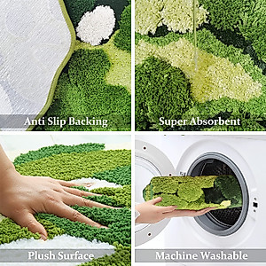 Hifuwan Cute Green Moss Bathroom Runner Rug Long Rectangular Boho Aesthetic Leaf Leaves Bath Mat Shaggy Non Slip Absorbent Shower Mat Decor