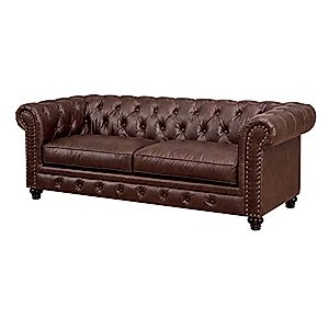 BOWERY HILL Traditional Faux Leather Upholstered Tufted Sofa in Brown