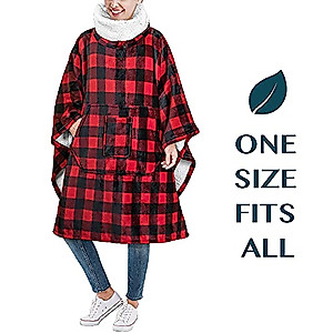 PAVILIA Wearable Blanket Poncho with Neck Warmer Hood, Plush Oversized Poncho Sweater, Large Blanket Cape Hoodie with Giant Pocket, Soft Cozy Gift for Women Men Adult (Sherpa Fleece, Checker Red)