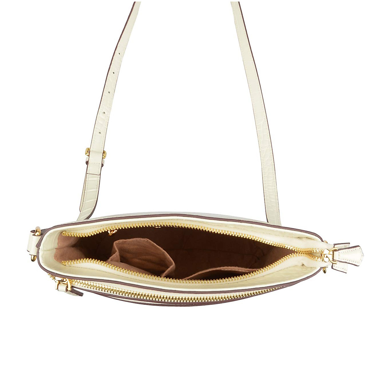 Ainifeel Women's Patent Leather Triple Zip Pocket Crossbody Bag Genuine leather shoulder bags (Medium, Off white)