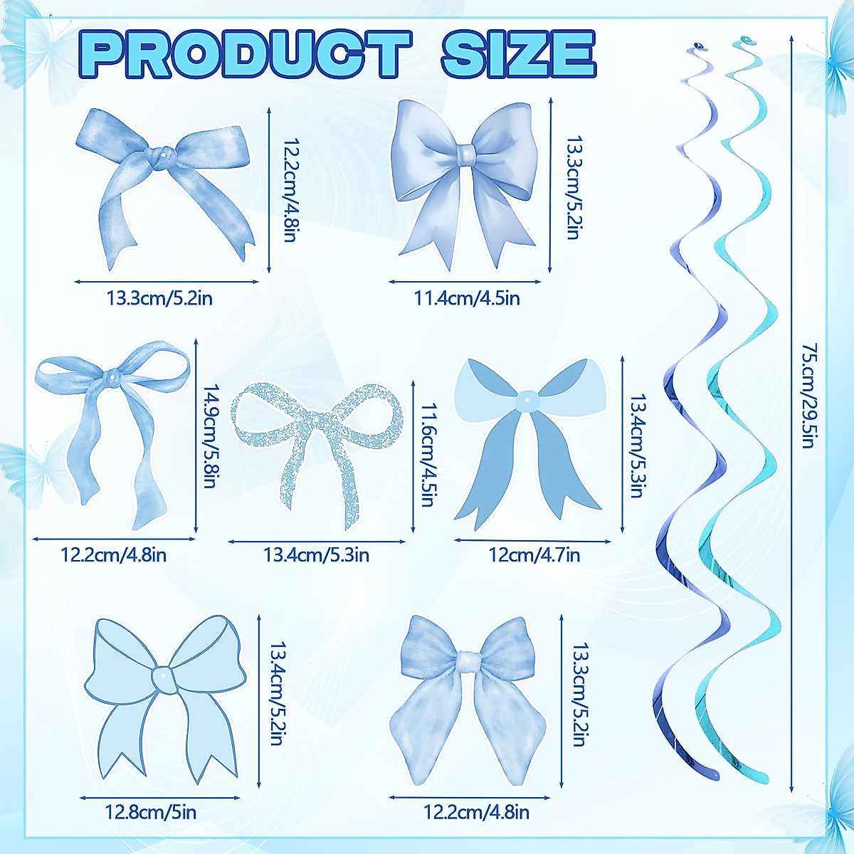 Bow Birthday Party Hanging Swirls Decorations, Coquette Birthday Decorations Blue Bow Party Decorations for Baby Shower Bridal Bachelorette Wedding Party Decor