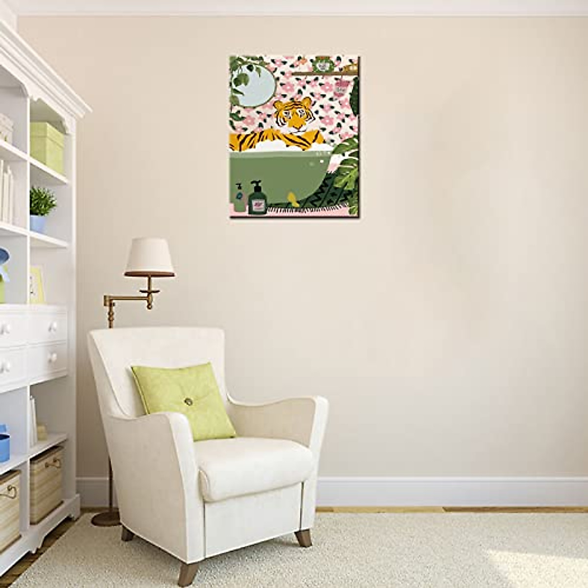 Bathtub Jungle Animal Paint By Bumbers For Adults Beginner Bathroom Tiger DIY Paint by Numbers Acrylic Paint Canvas Pink Flower Bedroom Decor Painting Kits Pink House Art 20x16 Inch （Without Frame ）