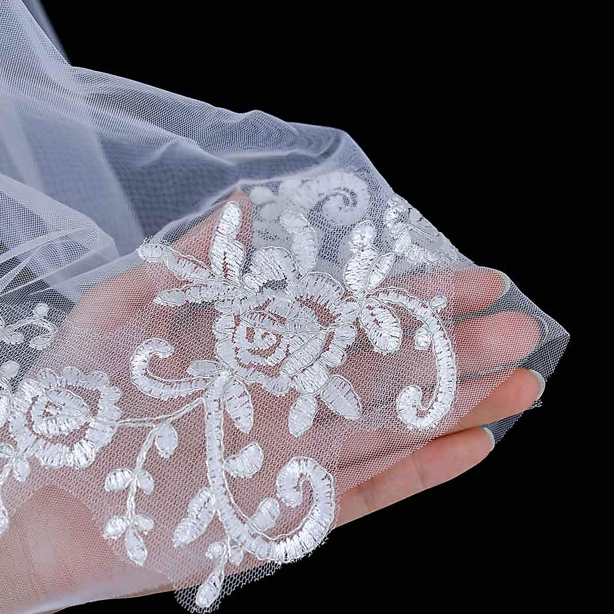 Acenail 2 Tiers Bride Wedding Veil Waist Veil Short Lace Edge Veil with Comb Bridal Tulle Hair Accessories for Brides(Ivory) (White)