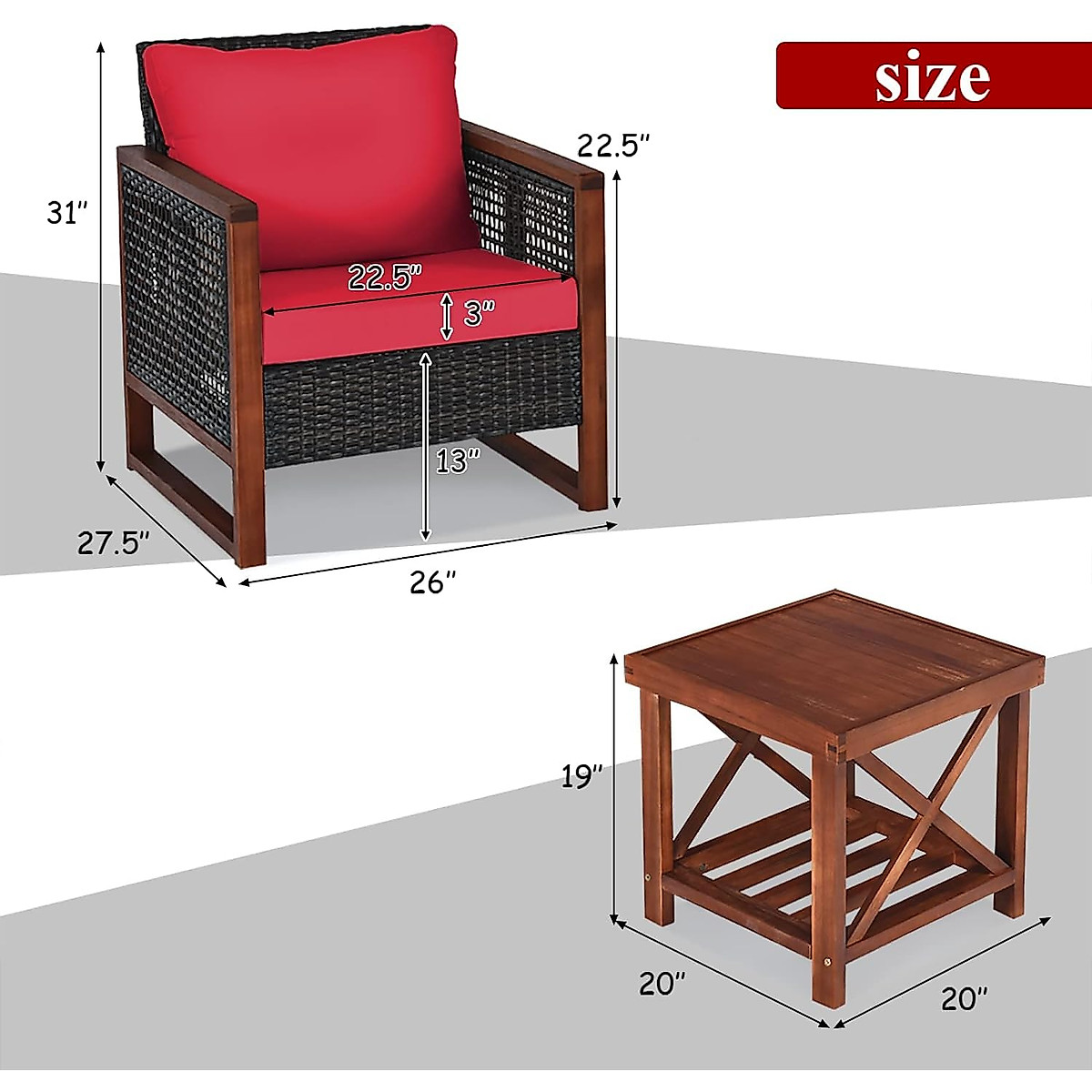 LDAILY 3 Pieces Patio Furniture Set, Rattan Outdoor Front Porch Chairs with Wood Coffee Table & Cushion, Comfy Wicker Conversation Patio Set for Movie Seating, Balcony, Garden, Poolside (Red)