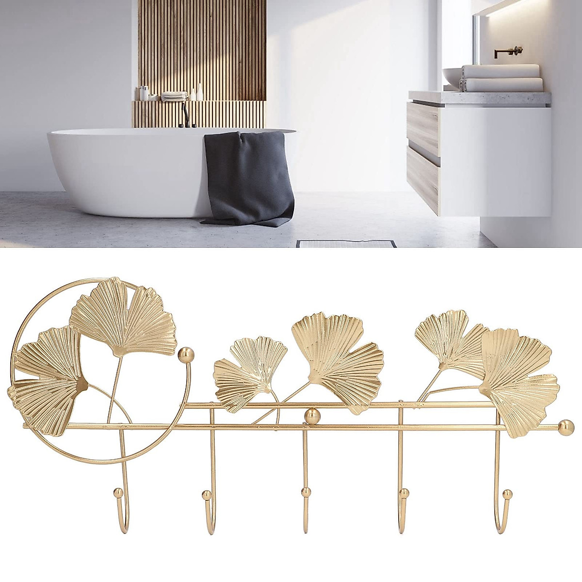 Coat Rack Wall Mount, Gold Ginkgo Leaf Shaped Coat Hanger Wall Hooks for Keys Hat Towel Purse Robes Jacket Clothes