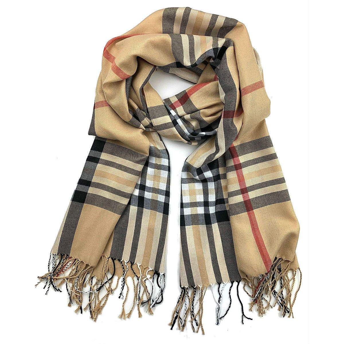 Plum Feathers Luxurious Classic Plaid Pattern Pashmina Scarf (Camel)