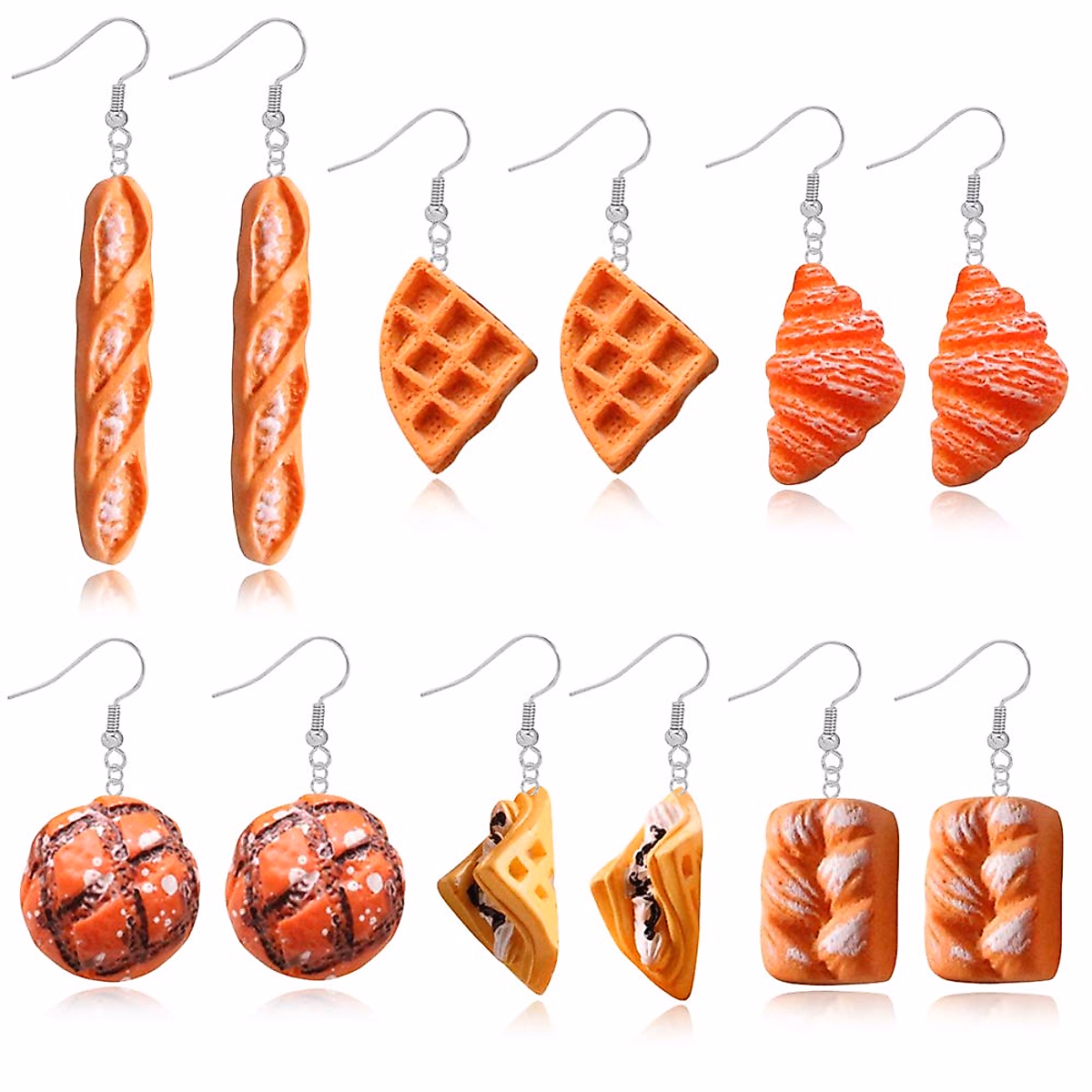 DAMLENG 6 Pairs Handmade Simulation food Croissant French Bread Toast Dangle Drop Earrings Cute Unique Baguette Earrings Set for Women Jewelry (Yellow)