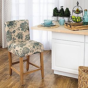 HomePop Upholstered Counter Height Barstool, 24-inch, Blue and Tan Jacobean