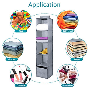 AHXNBDR Hanging Closet Organizers with Drawers, Cloth Hanging Shelves Space Saver, 5 Shelf Collapsible Hanging Closet Shelves with 1 Drawer 10.6”W x 10.6”D x 40”H