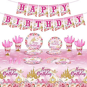 172 Pcs Princess Birthday Party Supplies Serves 24 Include Princess Castle Tablecloth Pink Princess Birthday Banner Princess Party Plates and Napkins Tableware Set for Girls Princess Theme Decorations