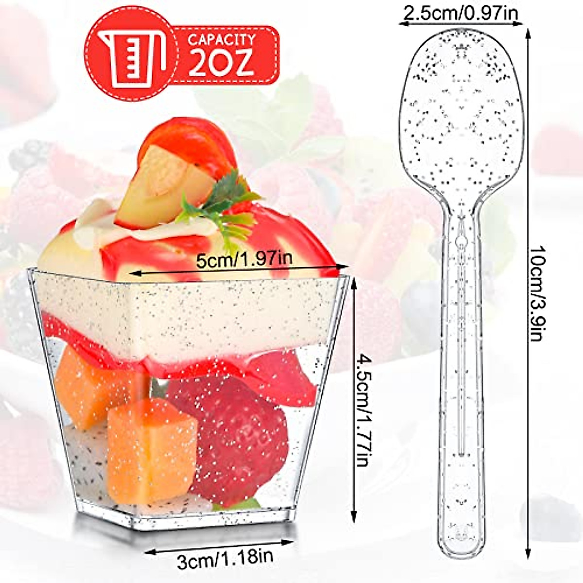 Meanplan 160 Pack 2oz Glitter Plastic Dessert Cups with Spoons 160 Disposable Square Plastic Dessert Cups and 160 Glitter Spoons for Party Dessert Appetizers (Silver)